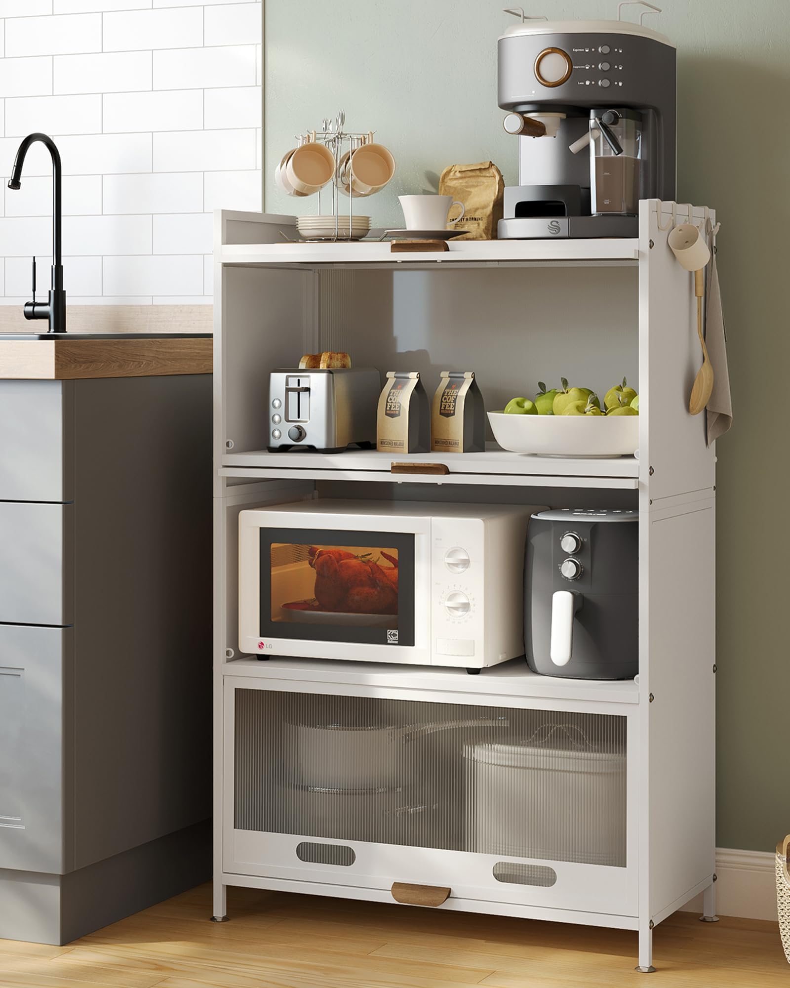 NETEL Kitchen Bakers Rack, Microwaves Rack Storage Rack 4 Tiers, Kitchen Microwave Stand with 4 Hooks,Kitchen Storage Shelf Rack for Spices, Pots and Pans, with of Brakeable Casters - White