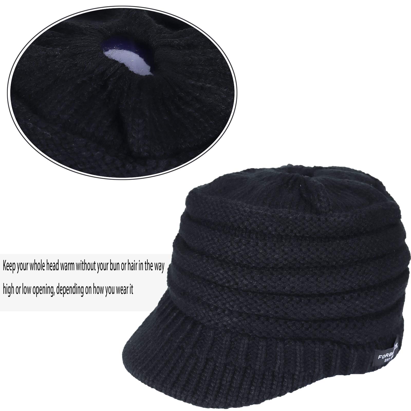 PGTEN Women Knit Messy Bun Ponytail Visor Beanie Hat β Fleece Linning (Black)