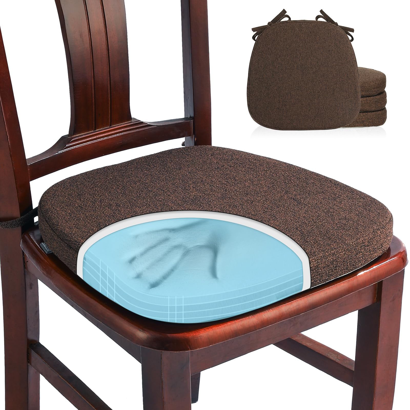 SINOSSO 4 Pack Pure Memory Foam Chair Cushions for Dining Chairs, Original Linen 16" U-Shape Comfortable Kitchen Chair Pads, Removable Slip Resistant Seat Cushions (Set of 4, Dark Brown)