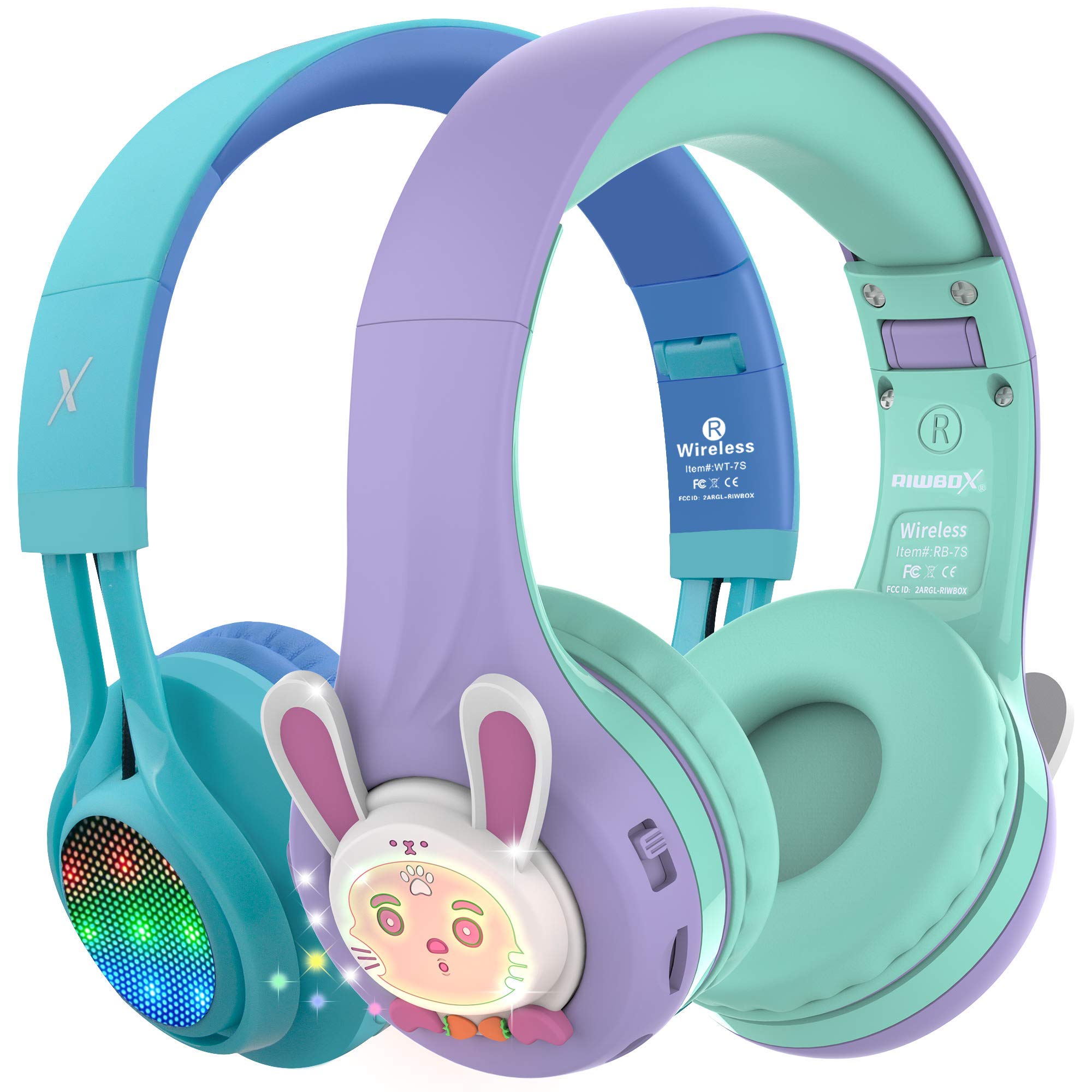 Riwbox WT-7S&RB-7S Kids Headphones Wireless, Bundle 2 Packs Foldable Stereo Bluetooth Headset with Mic and Volume Limited for PC/Laptop/Tablet/iPad (Blue&Purple)