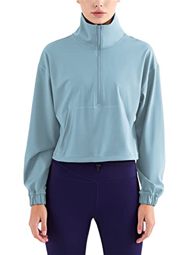 Tanming Women's Cropped Athletic Running Jacket Half Zip Pullover Workout Yoga Shirt (Blue-XL)