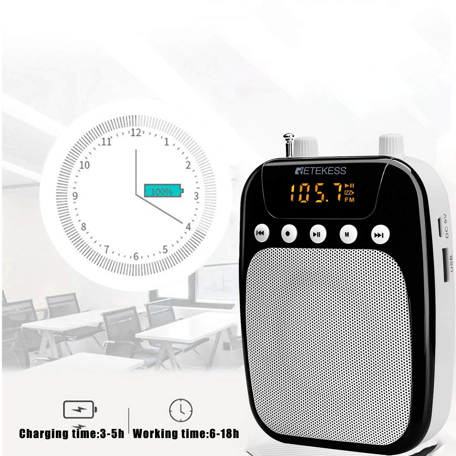 Retekess TR623 Voice Amplifier Microphone Headset, Portable PA System Speaker, Portable Voice Amplifier with Recording, AUX, FM Radio for Teachers, Singing, Coaches, Training, Tour Guide