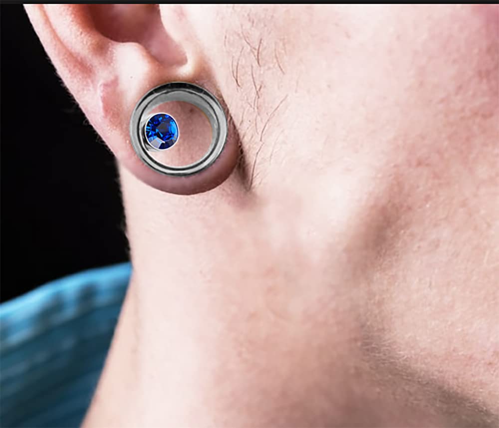 PiercingPoint 1 Piece of 00 Gauge - 10mm Blue Sapphire Bezel Set Crystal Stone on Sugical Steel Internally Threaded Ear Gauge Flesh Tunnel