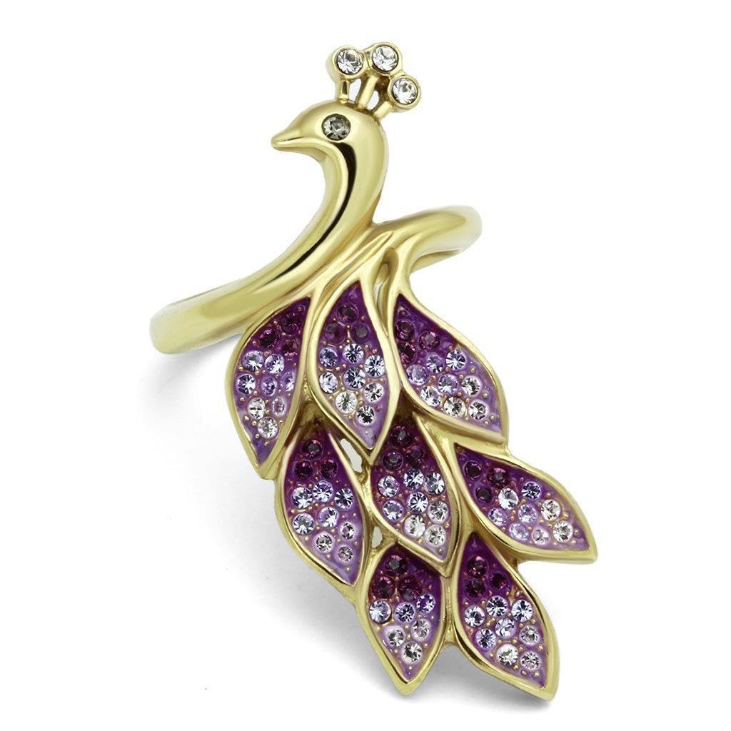 Womens Ring Gold Peacock Purple Stainless Steel Ring with Top Grade Crystal in Multi Color 7