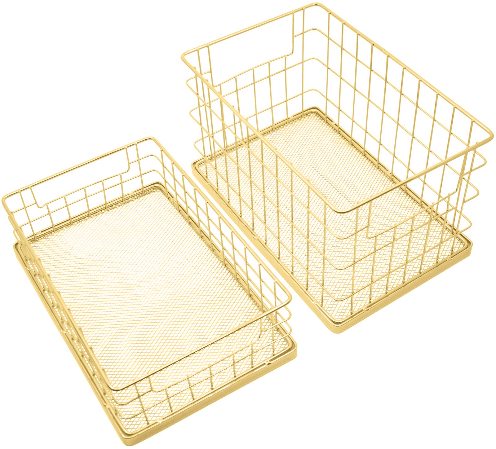 Set of 2 Stackable 10" Metal Wire Storage Basket Bins With Handles (Gold Woven Mesh Base)