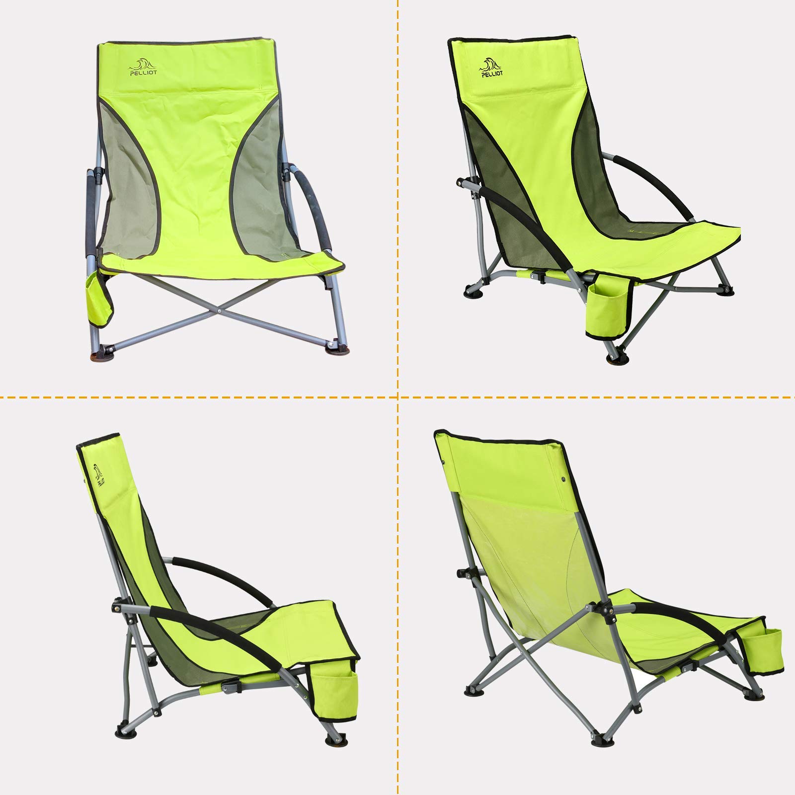 PELLIOT Ultralight and Compact Low Profile Outdoor Folding Camping Beach Chair with Cup Holder & Carry Bag (Green)