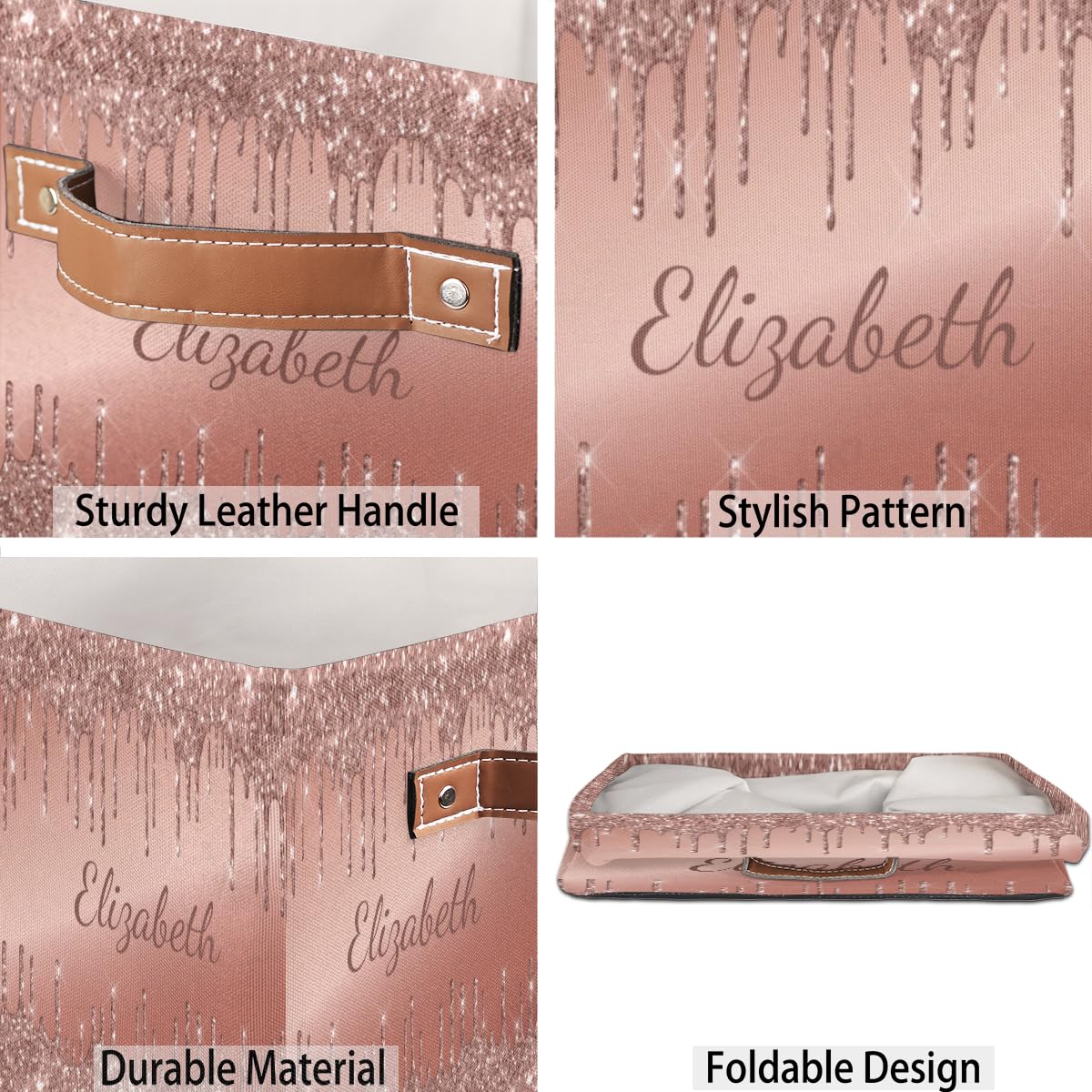 RIRIX Personalized Storage Bin, Custom Storage Baskets for Organizing with Handles, Foldable Storage Box for Closet Cloth Baskes Toy Rose Gold Dripping Glitter