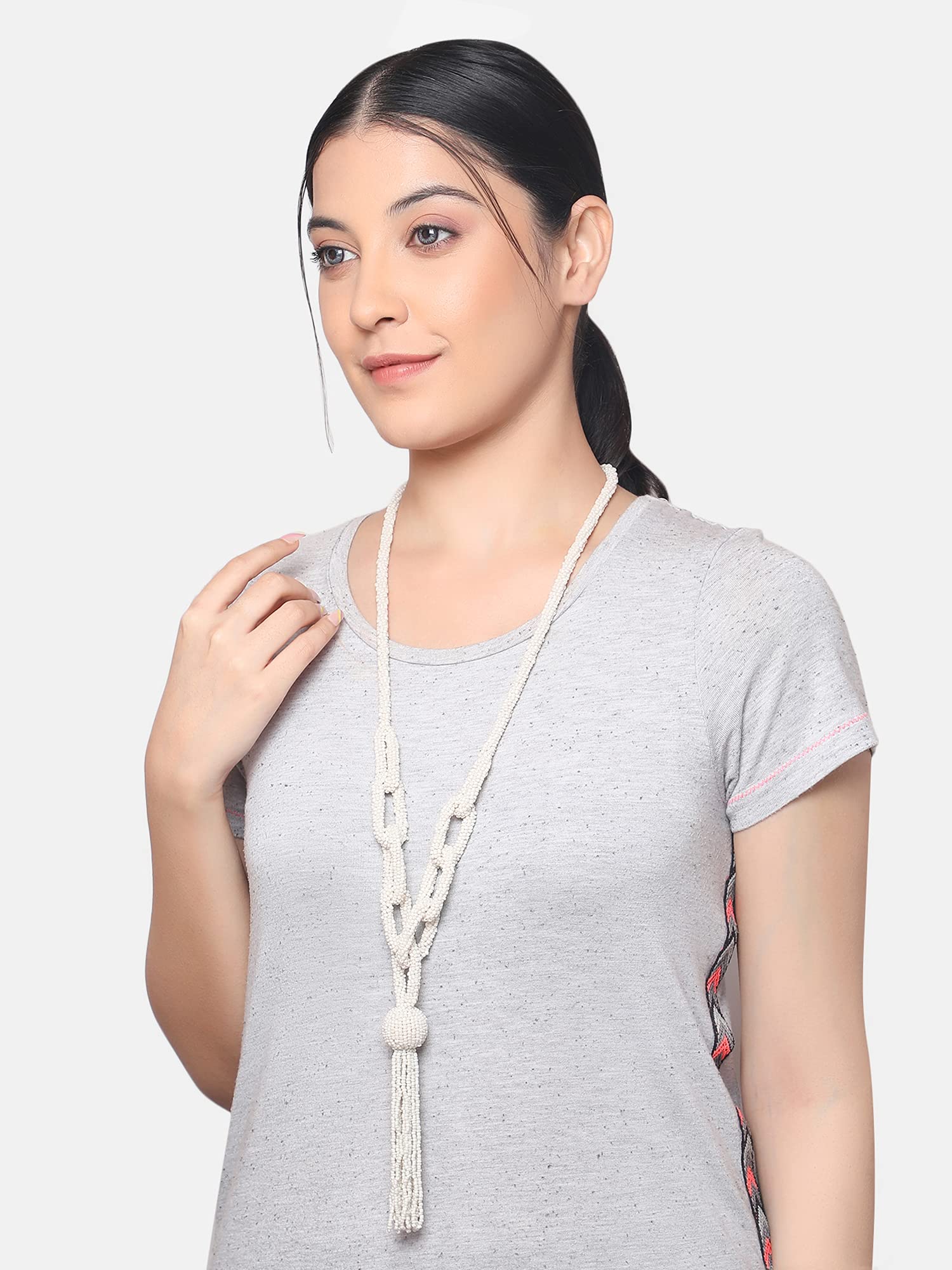 RF RIZIR FASHION Long Handmade Glass Beaded Statement WHITE Necklace for Women