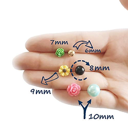 Pibupibu 30 Pairs Mix Pearls Ball Daisy Rose Flower Assorted Earrings Studs Set, Hypoallergenic (30 Balls+Flowers)