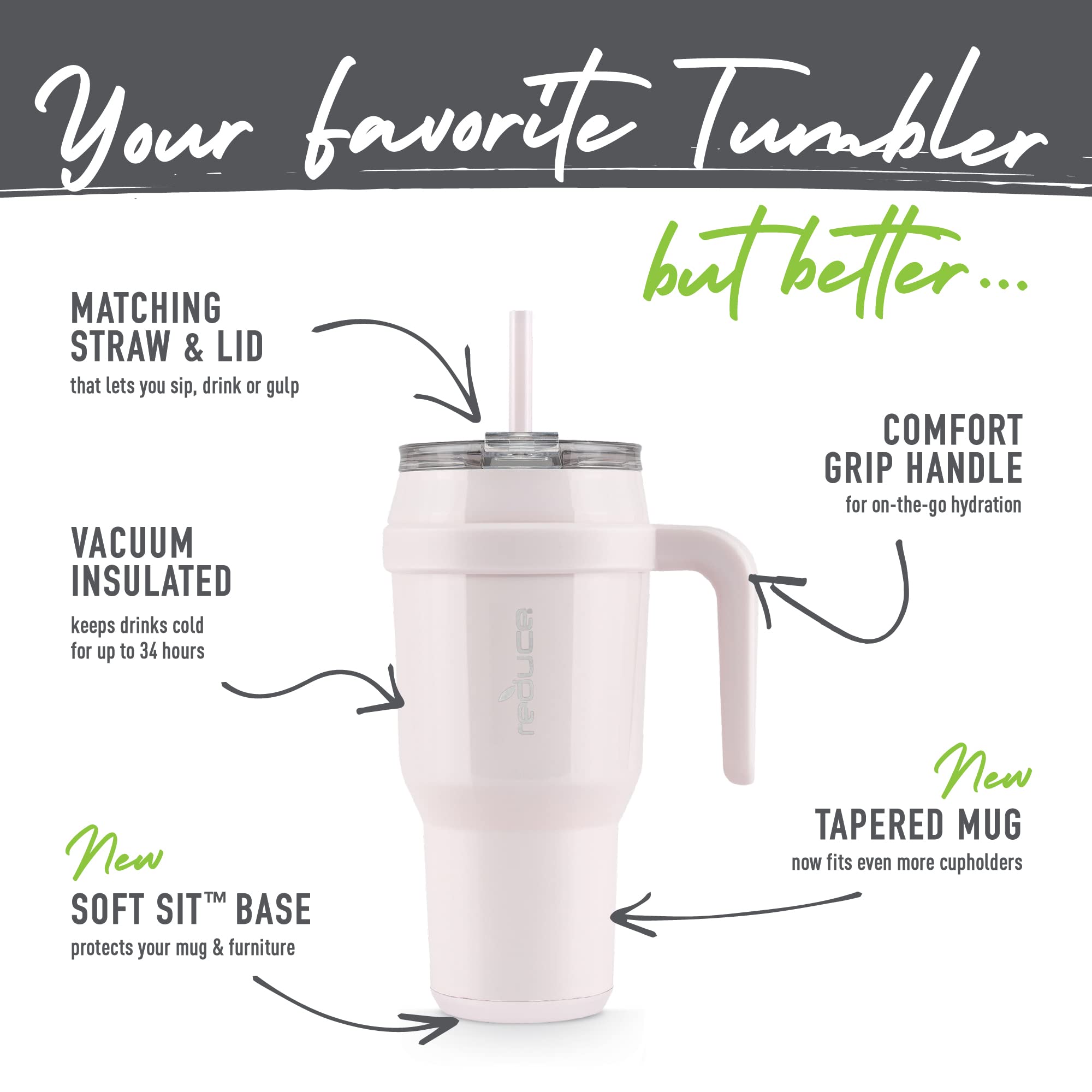 REDUCE Cold1 40 oz Tumbler with Handle - Vacuum Insulated Stainless Steel Water Bottle for Home, Office or Car, Reusable Mug with Straw or Leakproof Flip Lid, Keeps Drinks Cold All Day- Gloss Cotton