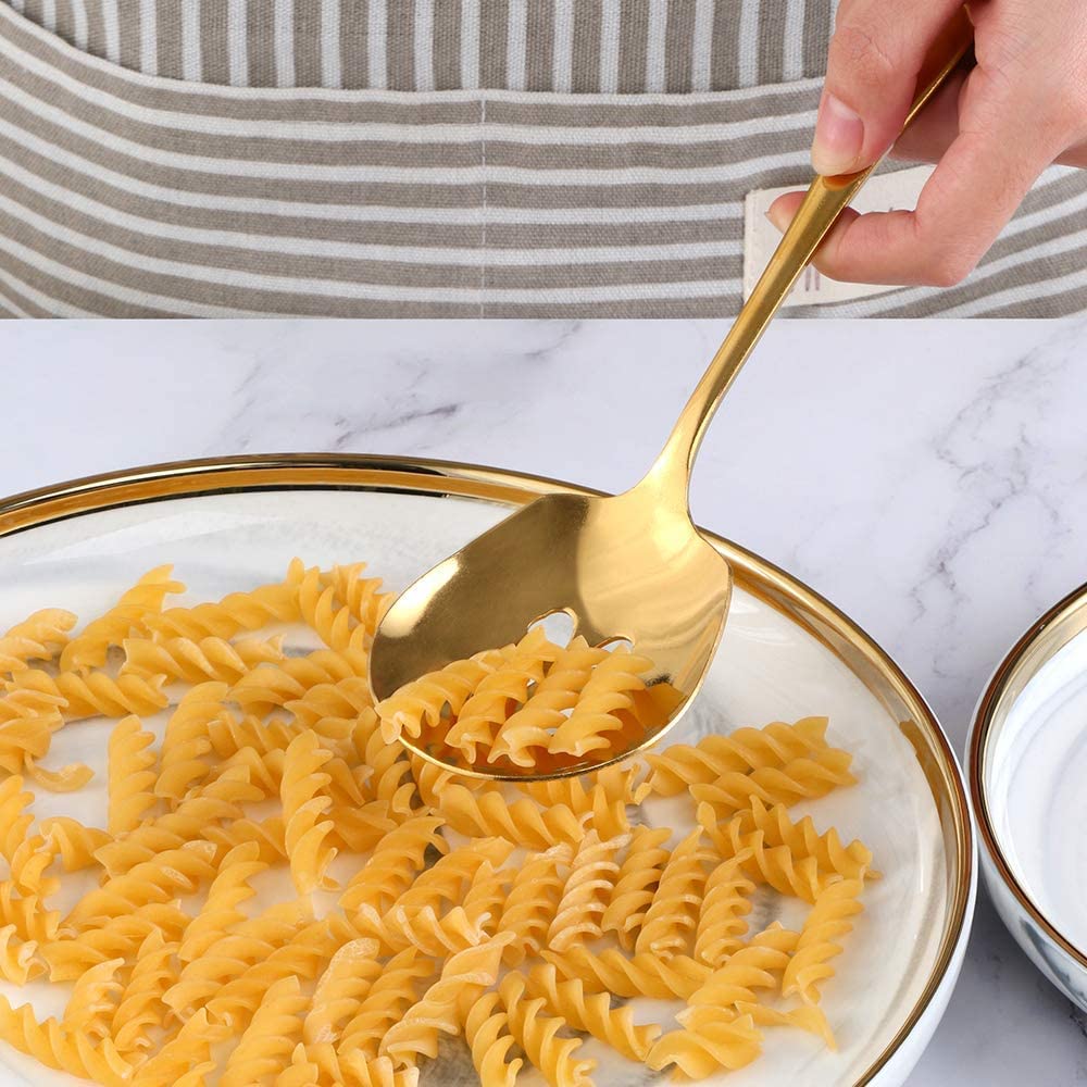 TUPMFG Serving Spoons Set - Stainless Steel Serving Utensils Includes Serving Spoons, Slotted Spoons, Tongs and Cake Server for Buffet Party Gold
