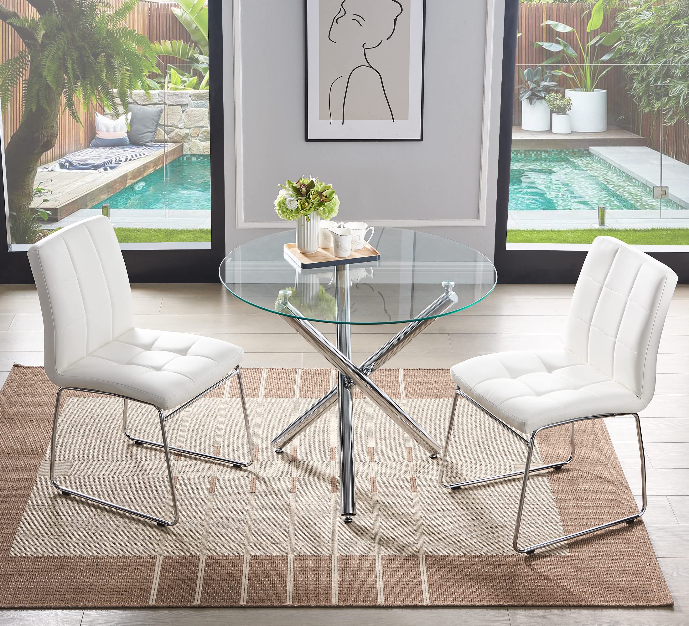 Modern 3 Pieces Round Glass Dining Table Set for 2, Kitchen Table with 3 Chrome Legs,Tempered Glass Top + 2 White Faux Leather Dining Chairs, Dining Room Table and Chairs Set for Home Small Space