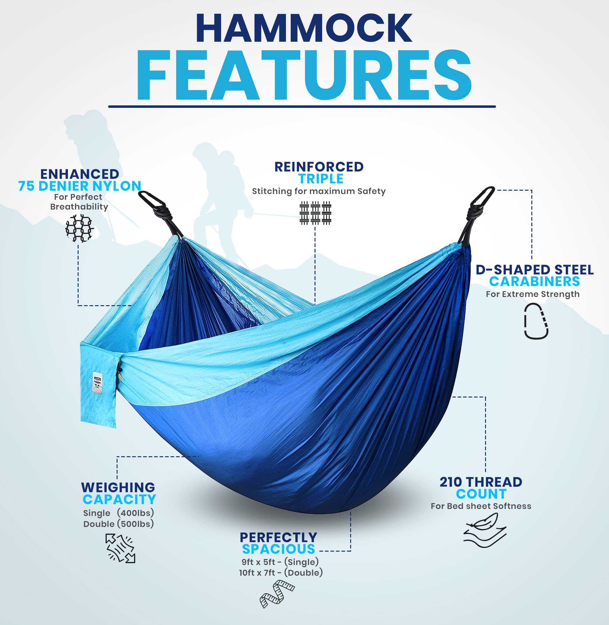 Utopia Home Camping Hammock Double & Single with 2 Tree Hammock Straps, Travel Hammock Backpacking Nylon Parachute Hammock for Outdoor & Hiking