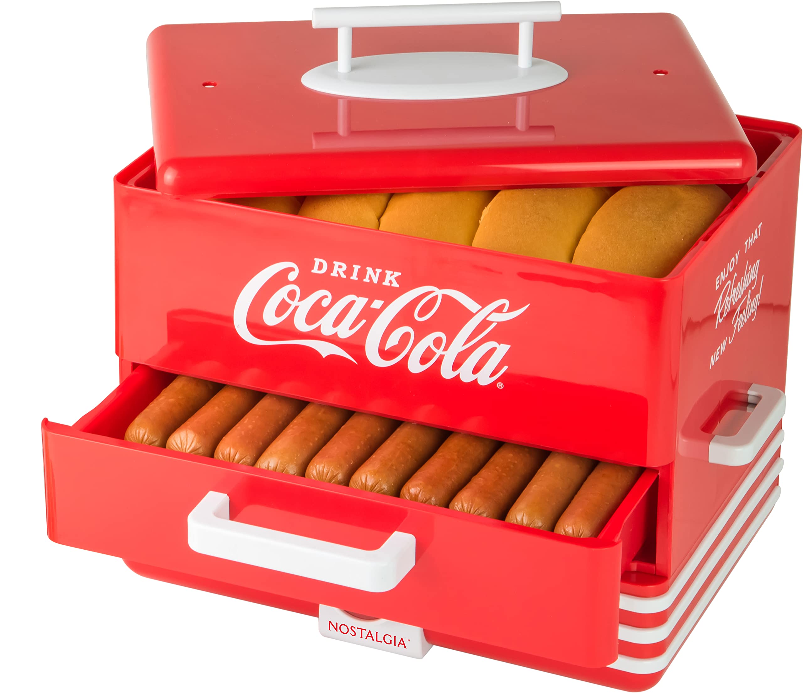 Nostalgia Extra Large Diner-Style Coca-Cola Hot Dog Steamer and Bun Warmer (24 Hot Dog and 12 Bun Capacity) and Nostalgia Two-Speed Electric Coca-Cola Limited Edition Milkshake Maker and Drink Mixer