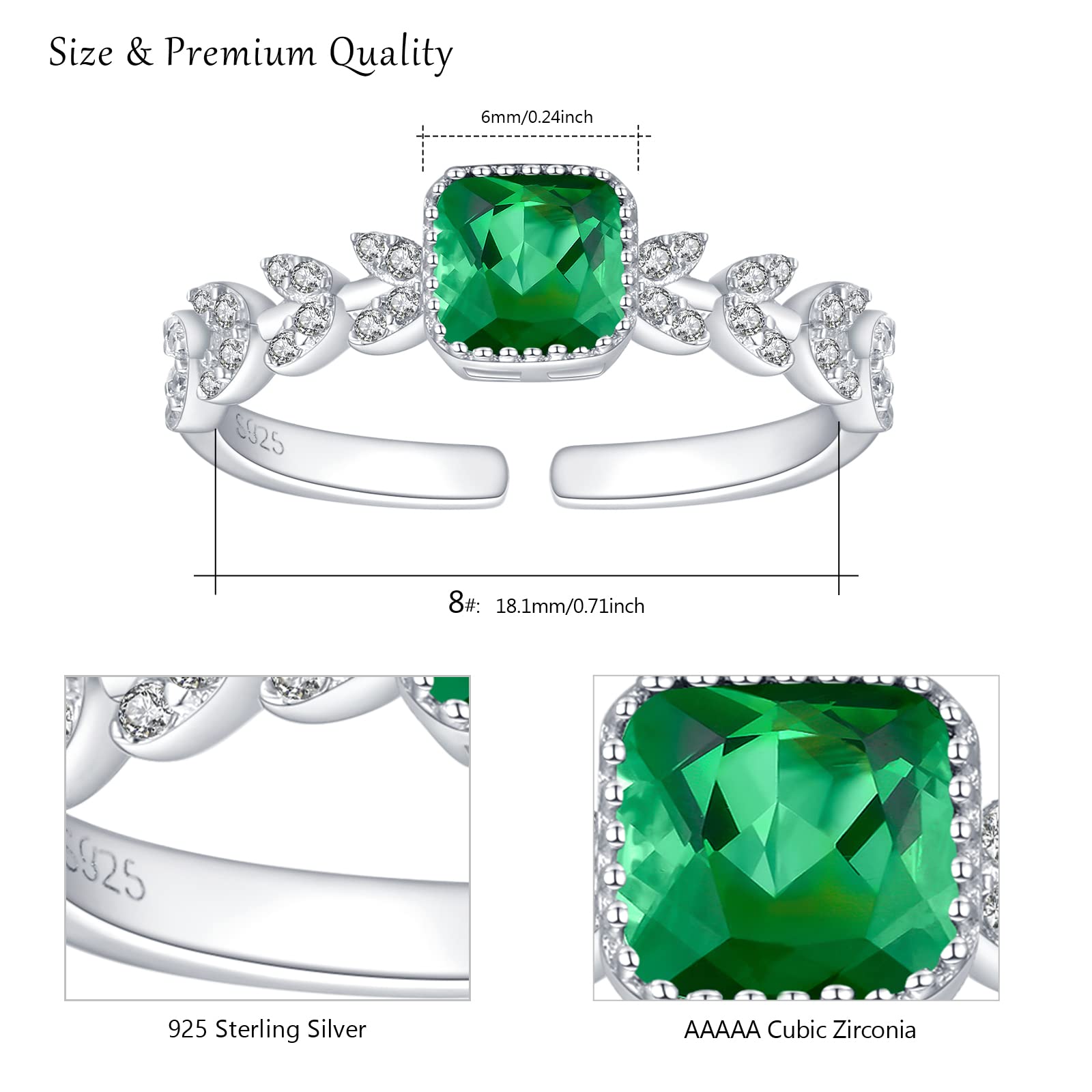 TUGHRA Emerald Ring - Sterling Silver Green Vintage Gem Birthstone Ring, Cubic Zirconia Leaf Ring, Adjustable Branch Ring Jewelry For Women, Mother's Day Gift