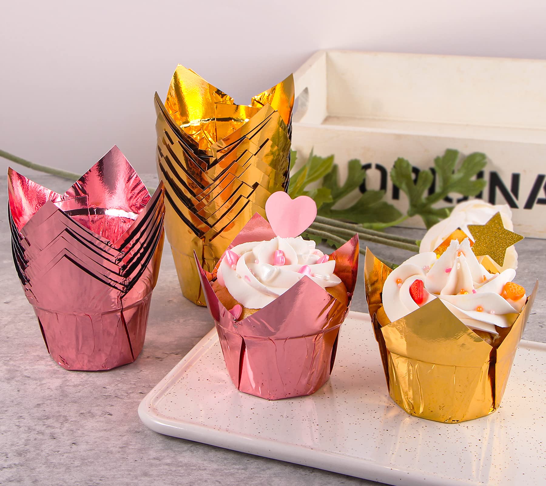 Webake Tulip Cupcake Liners, 100pcs Gold Muffin Liners Baking Cups, 3.5 Ounce Disposable Rose Gold Cupcake Cups, Jumbo Aluminum Foil Cupcake Wrappers for Party, Wedding, Birthday, Christmas