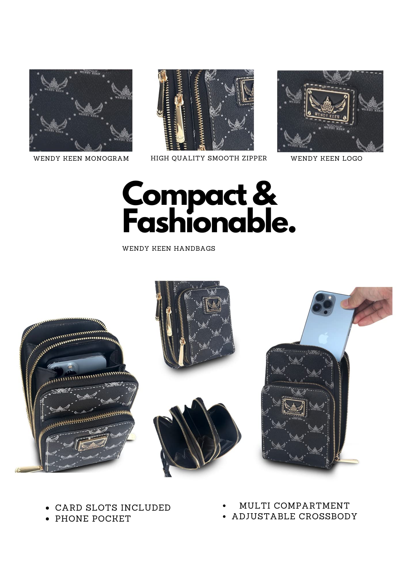 Wendy Keen Monogram Small Cellphone Crossbody Bag for Phone, Money, Wallet with Credit Card Slots (Black)