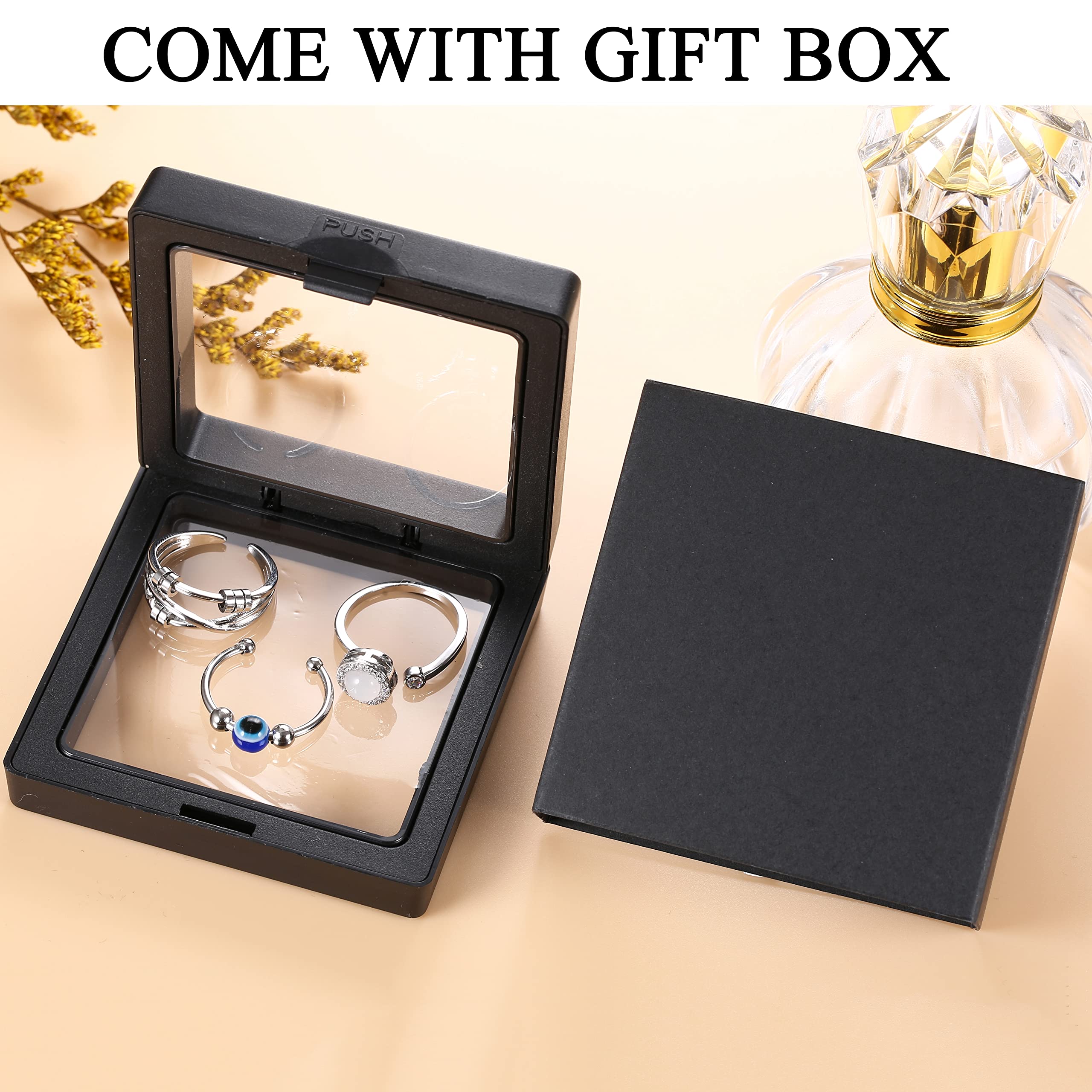 ZELORES 8Pcs Adjustable Fidget Rings for Anxiety White Gold Plated Beads Flower Evil Eye Ring Set Anti Anxiety Ring For Women