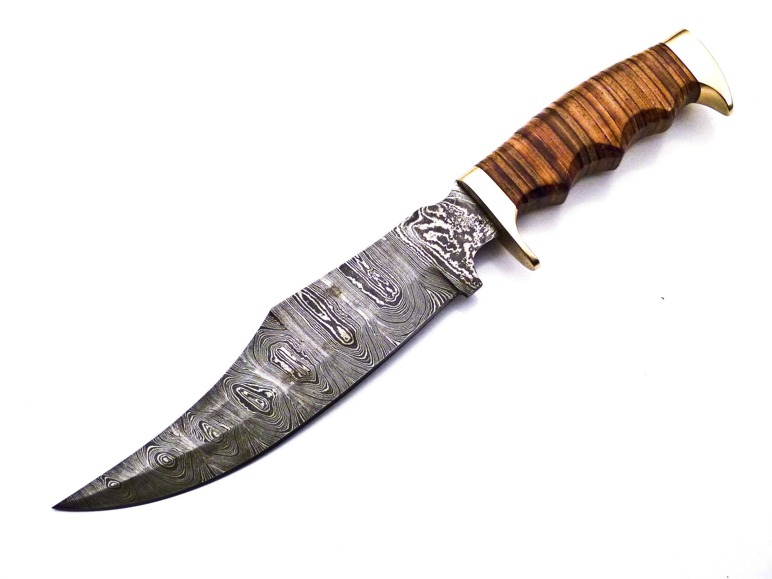 Skokie Knives Custom Hand Made Damascus Steel Hunting Knife Handle Leather Stacked with Brass Spacer (Stacked)