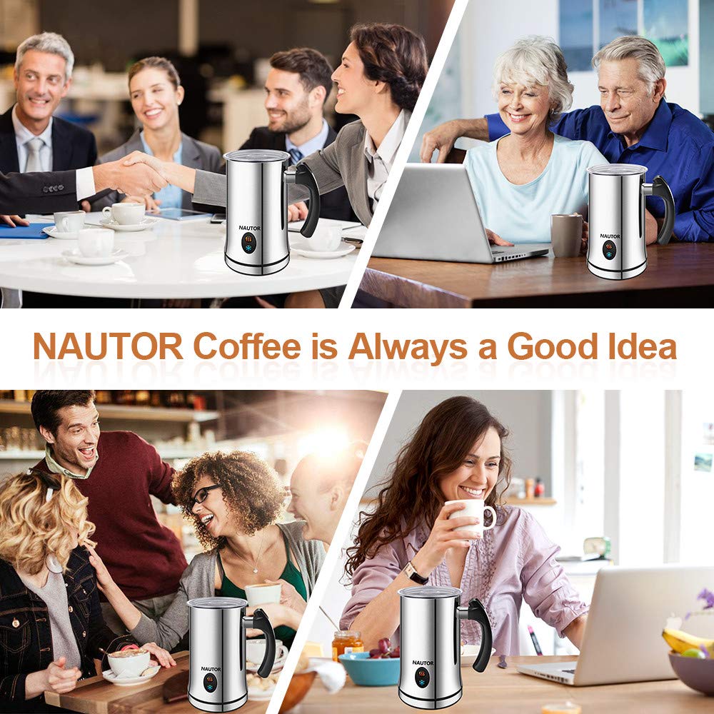 NAUTOR Milk Frother, Electric Milk Frother with Hot or Cold Functionality, Foam Maker, Silver Stainless Steel, Automatic Milk Frother and Warmer for Coffee, Cappuccino and Matcha