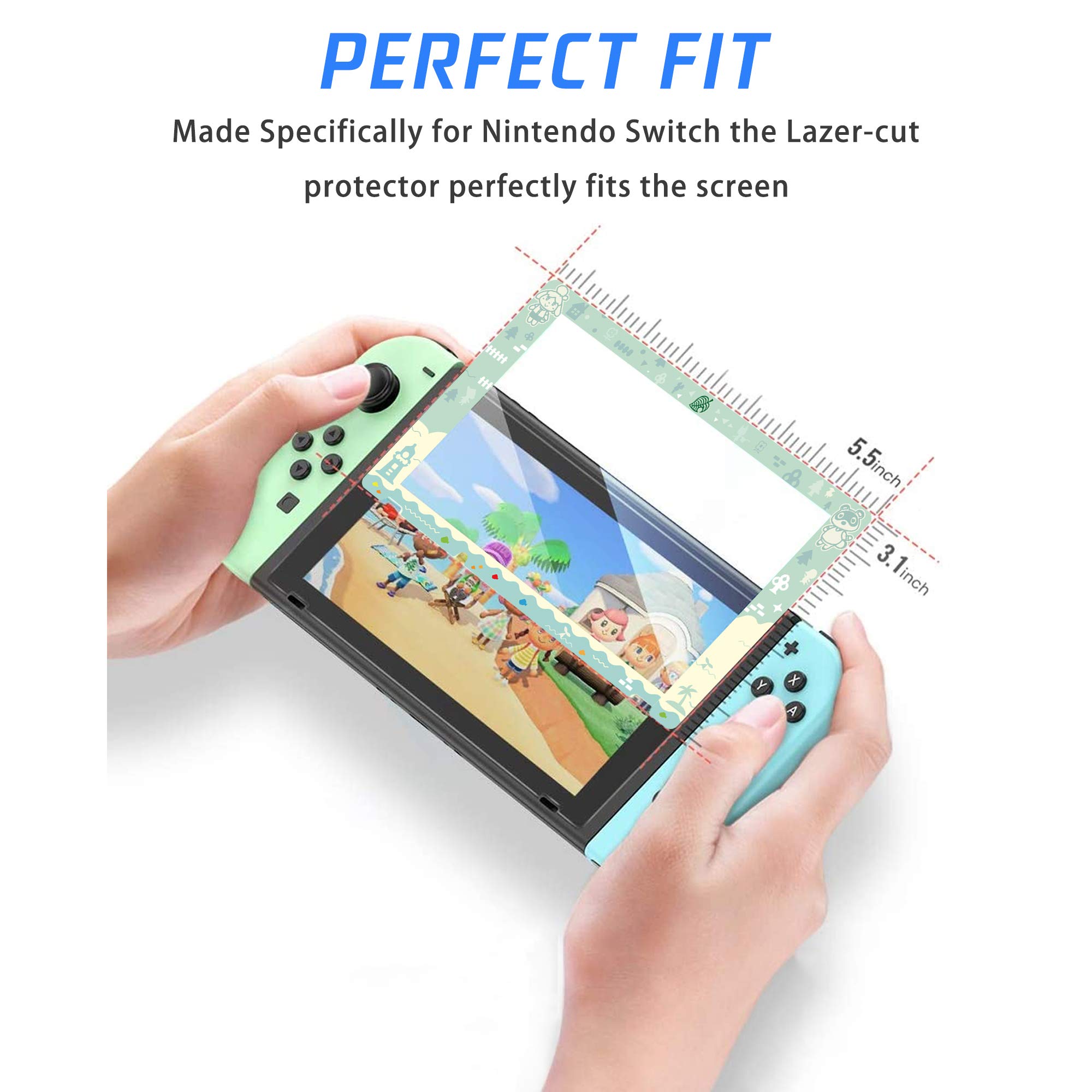 RHOTALL Screen Protector for Nintendo Switch, for Animal Crossing Design Border Tempered Glass Film, Transparent HD Clear Anti-Scratch 9H Hardness Bubble-Free