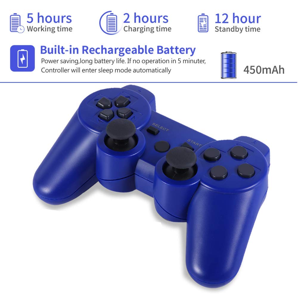PS-3 Controller, PS-3 Controller Wireless Bluetooth Gamepad Double Vibration Remote Joystick for Playstation3 with Charging Cord (2-Pack)