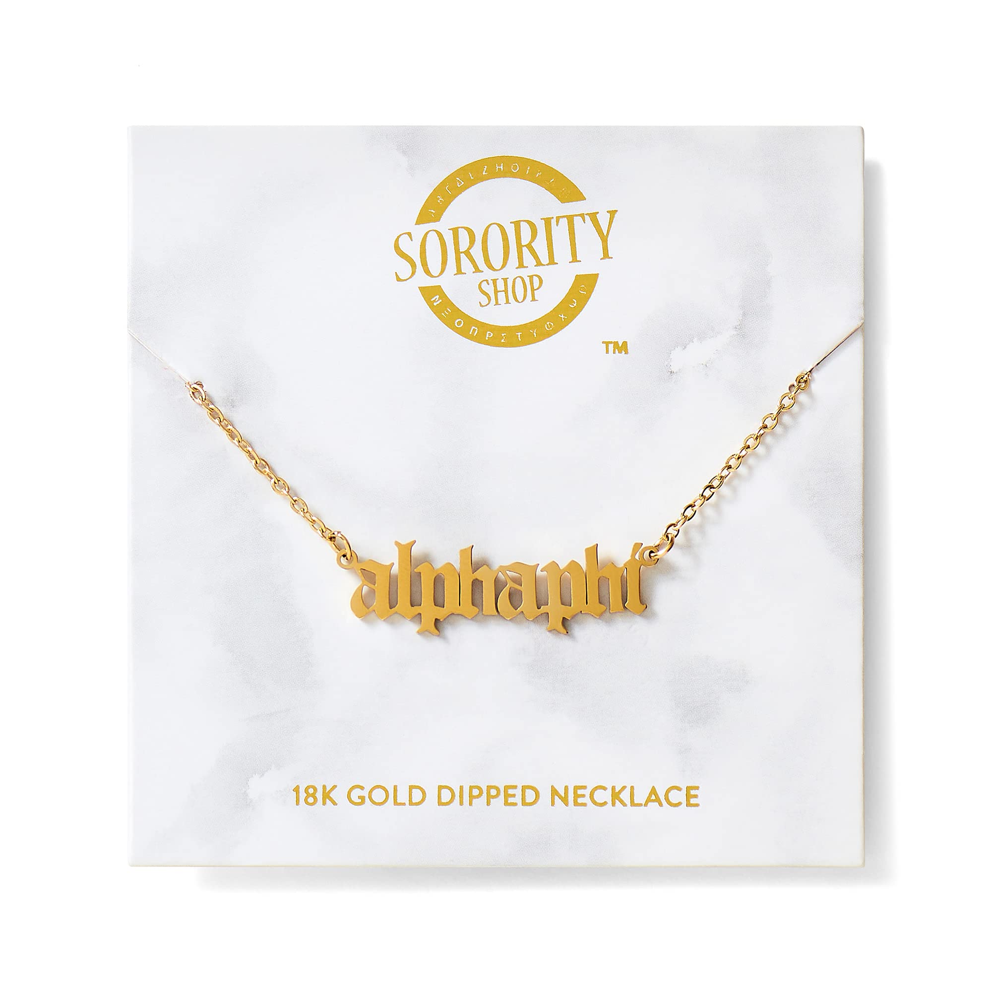 Sorority Shop Alpha Phi Necklace β AP Old English Font Design, 18K Gold Plated, Alpha Phi Gifts for Women