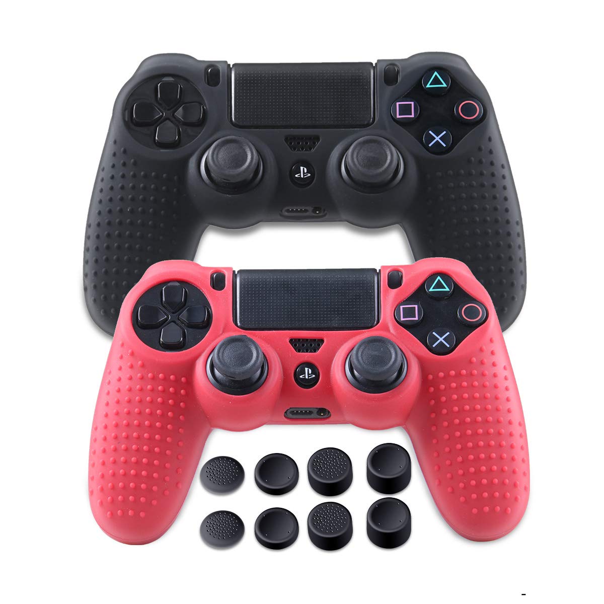 PS4 Controller Covers - PS4 Silicone Skins for DualShock 4 - PS4 Accessories Anti-slip Cover Case for PlayStation 4, Slim, Pro - 2 Pack PS4 Controller Skins - 4 Pairs PS4 Grips - Red & Blue