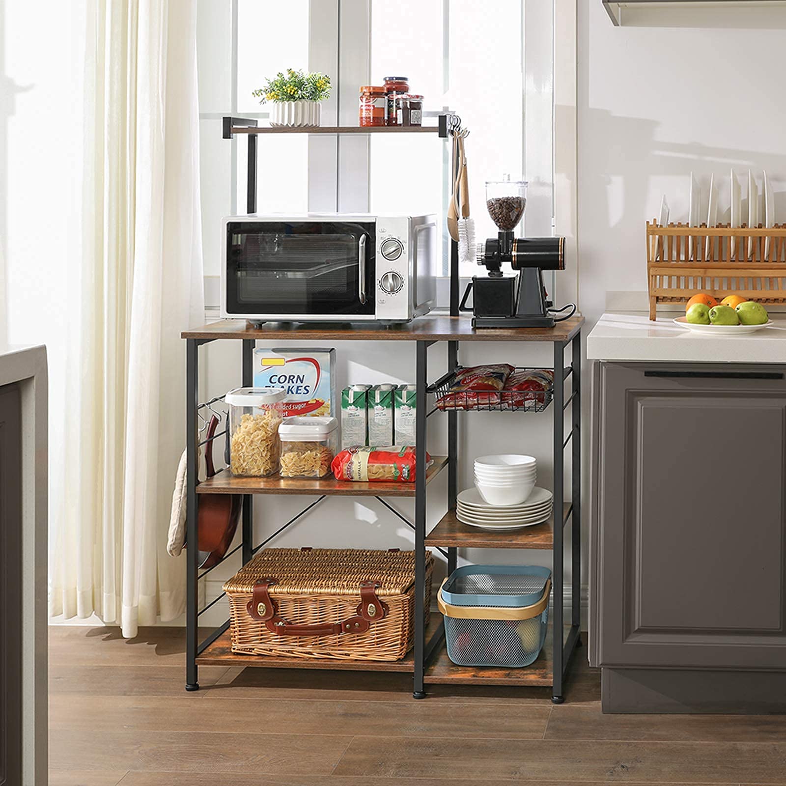 VASAGLE Coffee Bar and Baker’s Rack Bundle, Kitchen Storage Racks with Shelves, Hooks, for Microwave, Rustic Brown and Black UKKS17BX and UKKS35X