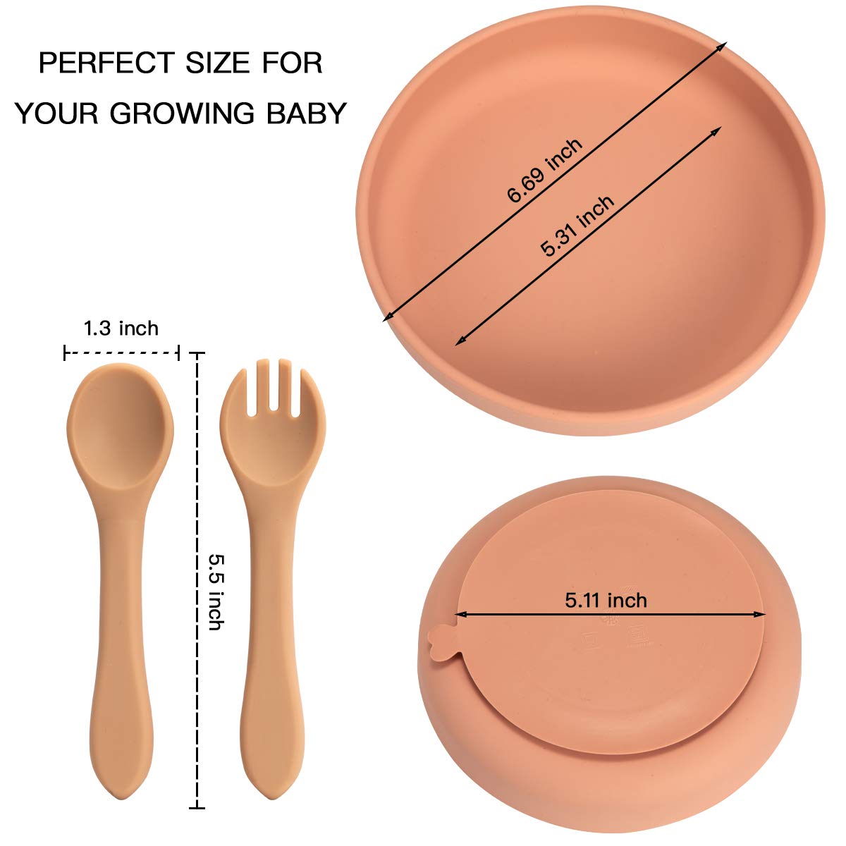 TOPGOMES Silicone Suction Plate, Comes with Soft Spoon Fork | Stay Put Baby Feeding Dishes for Kids and Infants | BPA Free, 100% Food-Grade Silicone, Non-Slip Design (Ether)