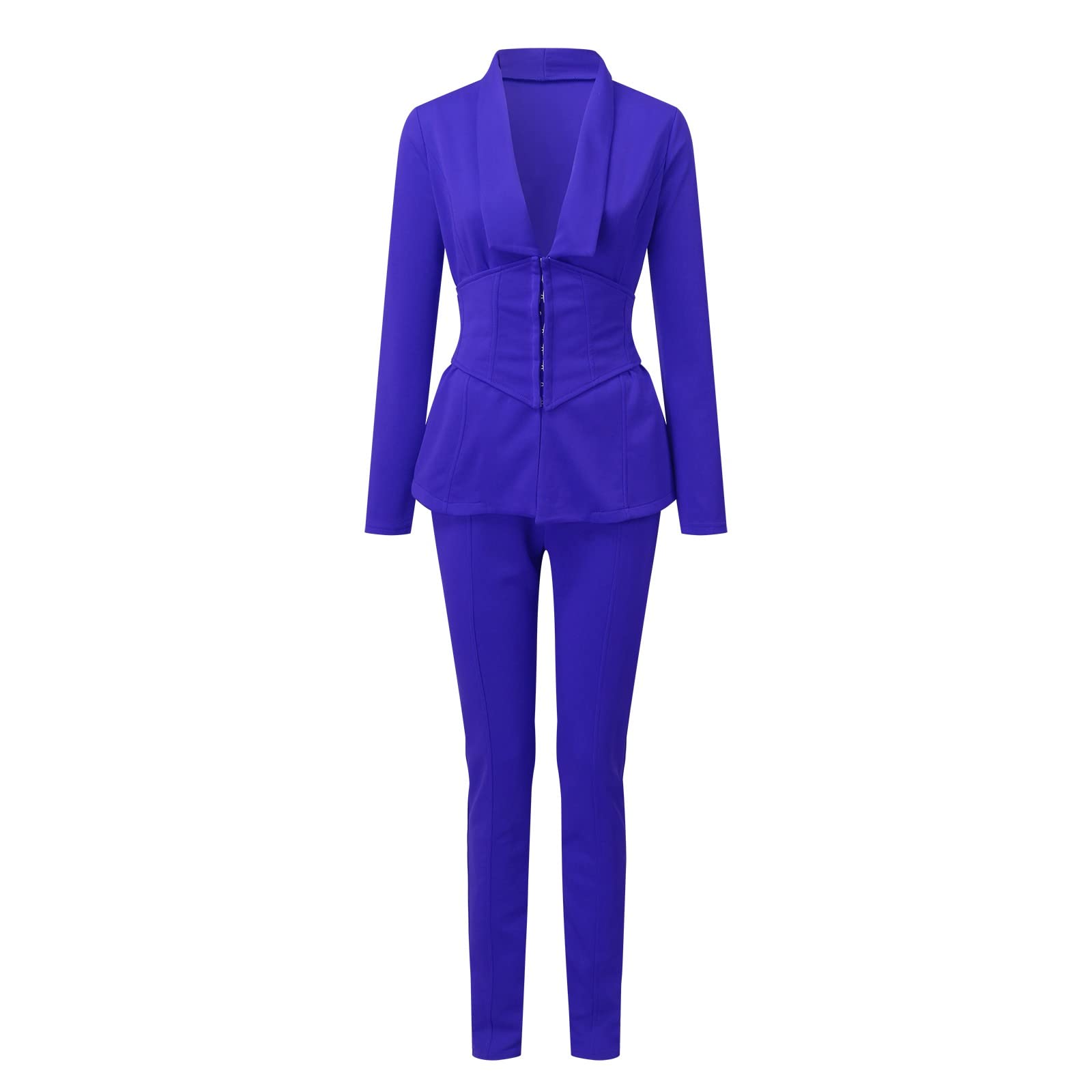 Two Piece Pant Women's Two Piece Lapels Suit Set Office Business Long Sleeve Formal Jacket Pant Suit Slim Two Tone Suit Blue