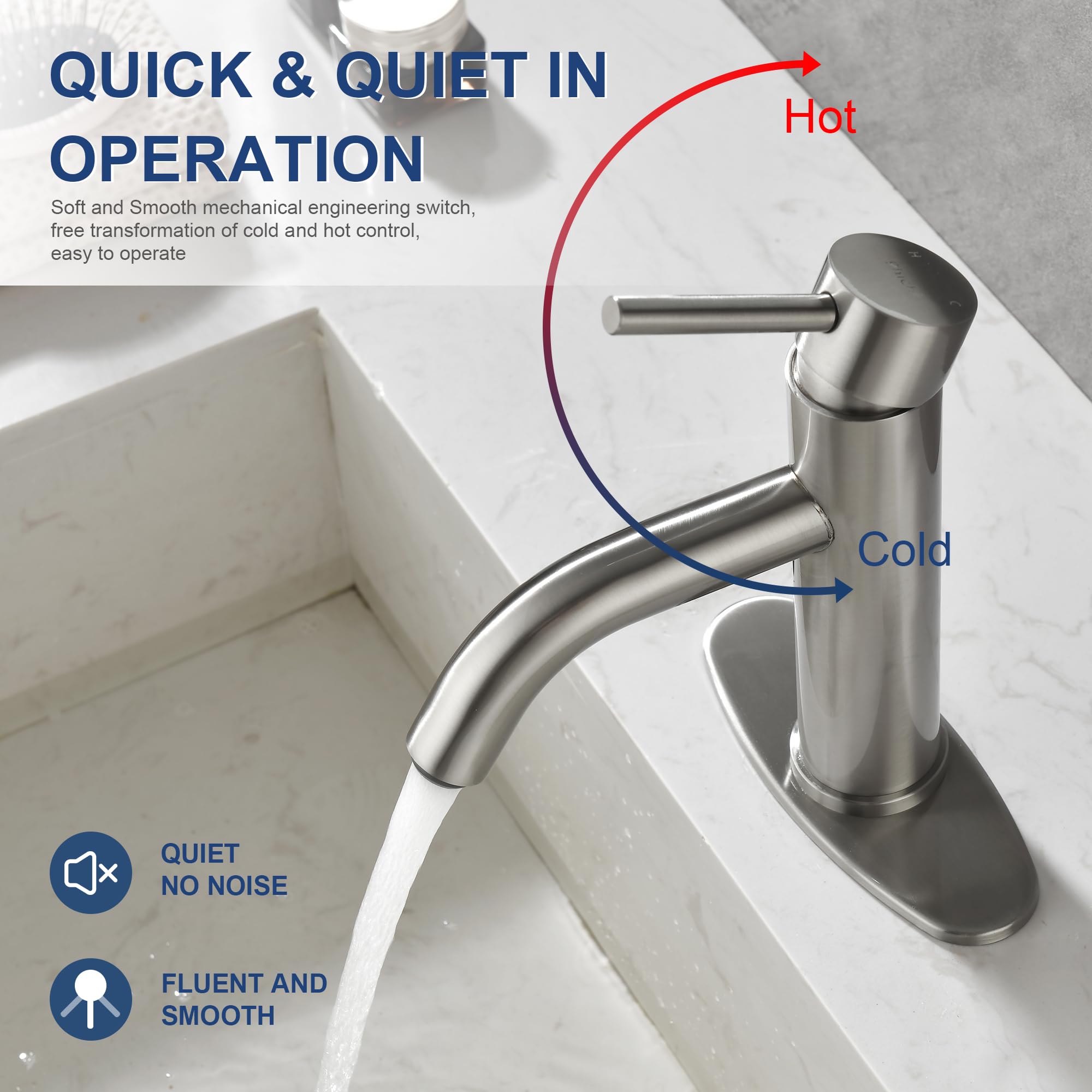 PHICHI Brushed Nickel Single-Handle Bathroom Faucet, 1 or 3 Hole Basin Bath Tap with Pop Up Drain and Deck Plate, Modern One-Hole RV Faucet Washbasin Faucet Countertop