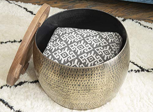 Powell Hammered Gold Drum with Natural Wood Lift Top for Storage Janice Table