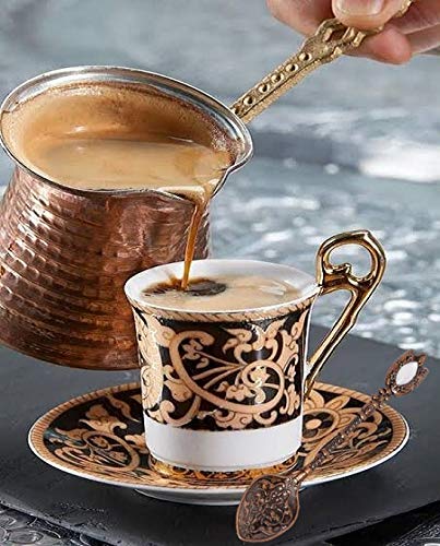 Turkish Coffee Pot and Copper Spoon Set - 9 Oz Thick 2mm Antique Copper Looking - Stove top Coffee Maker Cezve with Copper Handle & Copper Spoon - for 3 People