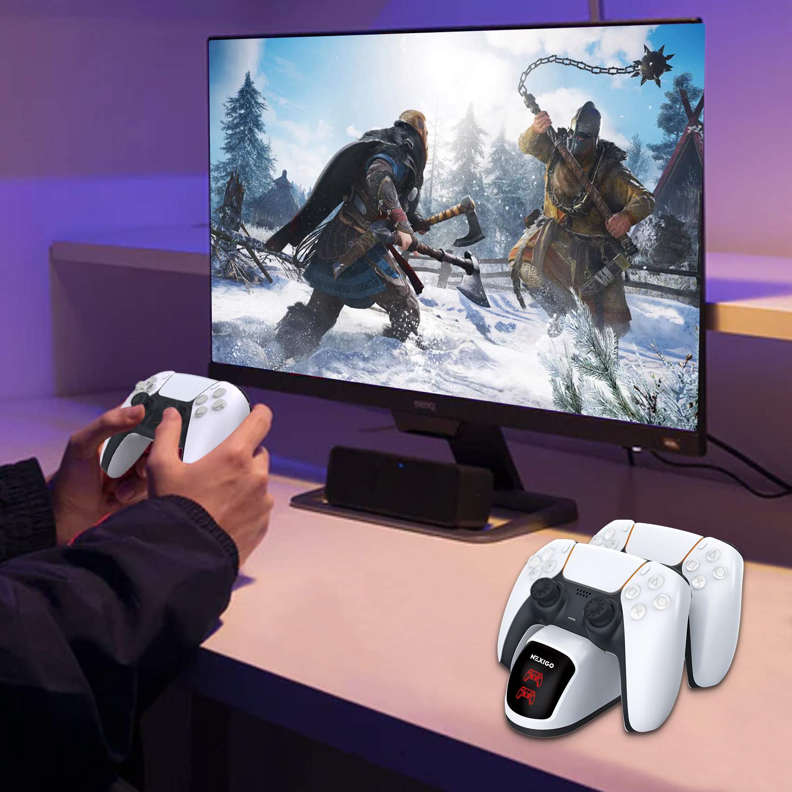 NexiGo PS5 Controller Charging Station, Fast Charging AC Adapter with Thumb Grips & Trigger Extenders, Controller Charger for Dual Playstation 5 Controllers, Charging Dock with LED Indicator, White