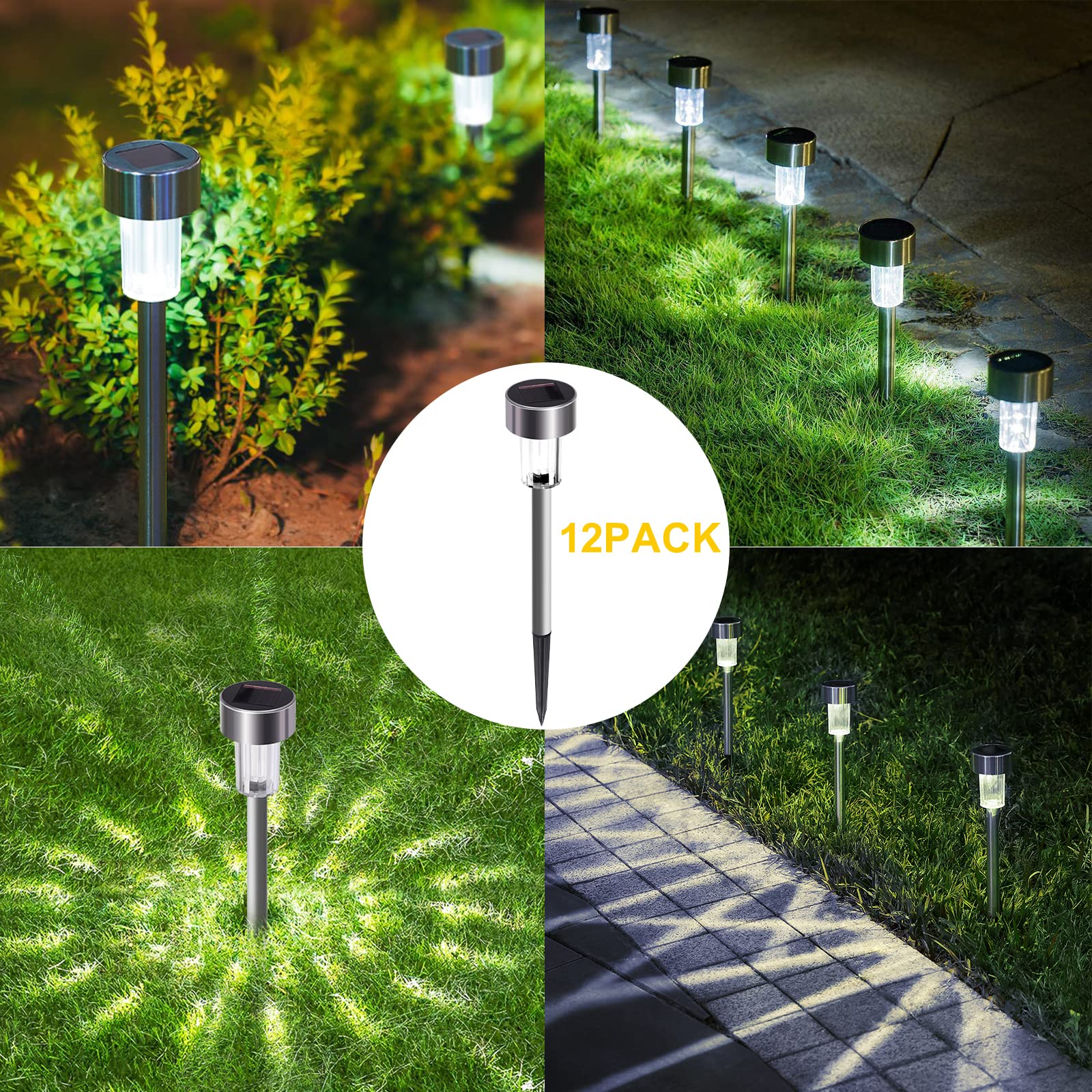 SUNNEST Solar Lights Outdoor, 12Pack Waterproof Solar Garden Lights, Stainless Steel LED Landscape Pathway Light Solar Powered, LED Landscape Lighting for Yard, Walkway Yard & Lawn - Multicolor