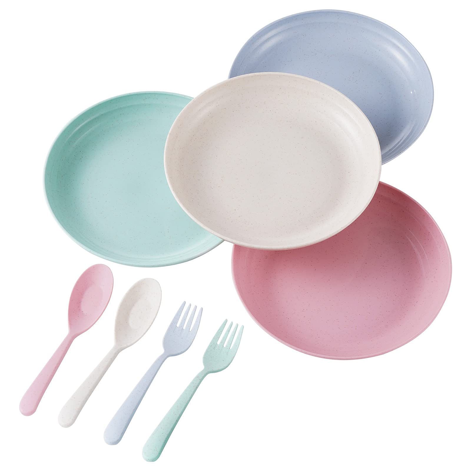 TAO CICADA Wheat Straw Dinner Plates, Pack of 4 Reusable Unbreakable Wheat Straw Dinner Plates、Spoon and Fork, Dishwasher & Microwave Safe, Degradable Eco-Friendly for Children Adult