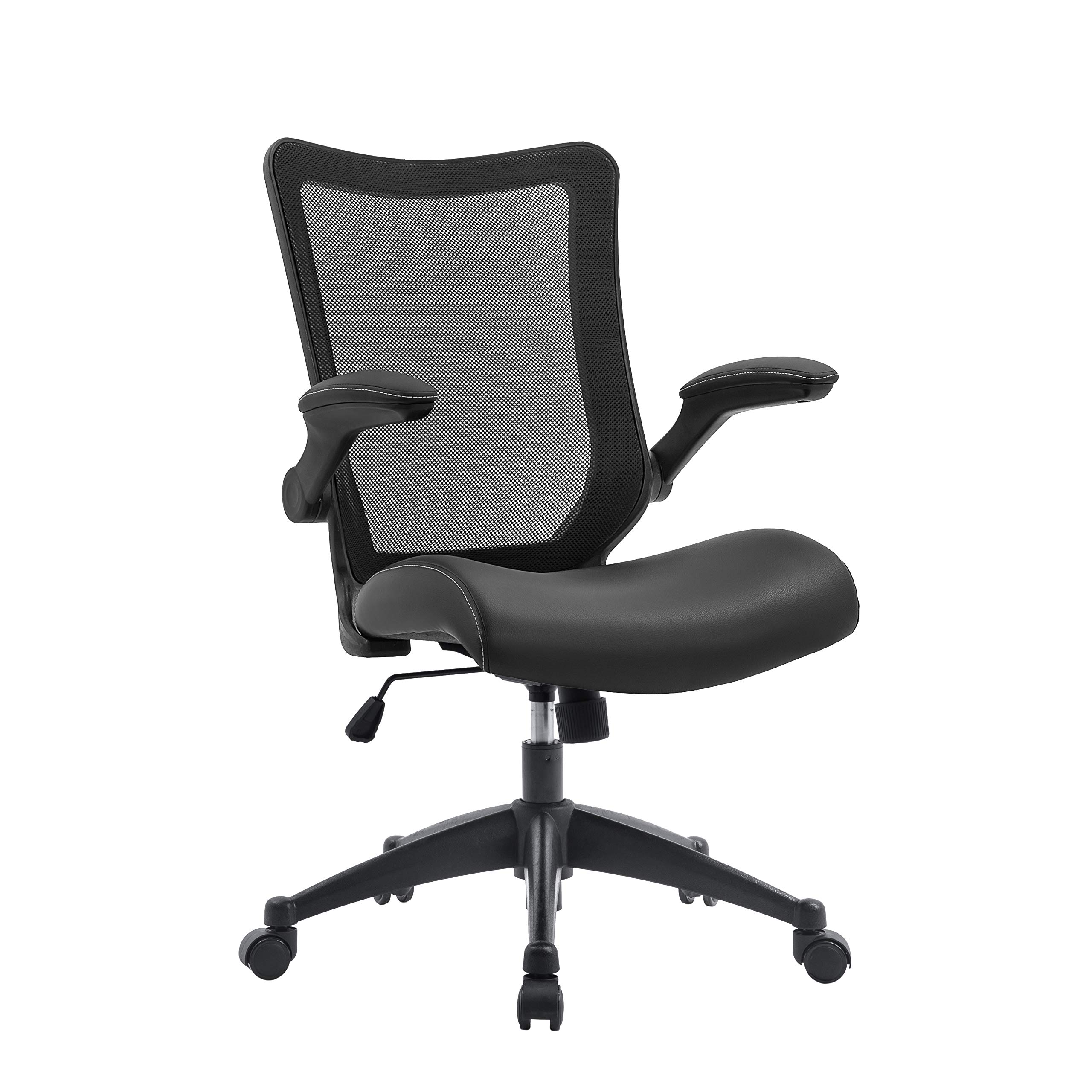 OFFICE FACTOR Office Chair 300Lbs Weight Capacity Flip-up arms Anti-Scratch Wheels Mesh Back and Faux Leather Seat Lumbar Support Computer Ergonomic Task Desk Chair (Black Desk Chair)