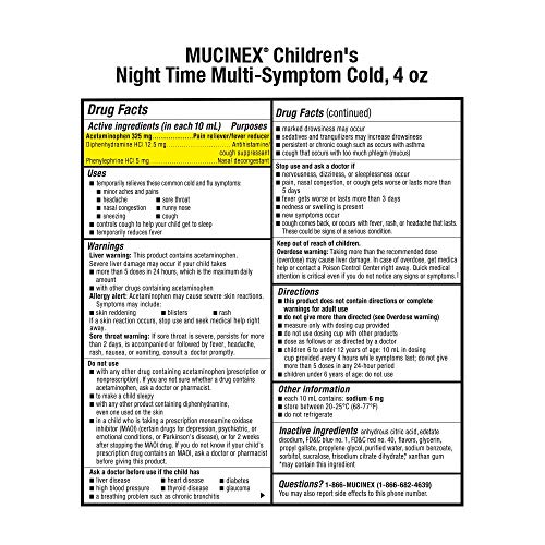 Mucinex Cold and Fever, Children's Multi-Symptom, Night Time Cold Liquid, Mixed Berry, 4oz, Reduces Fever, Controls Cough, Relieves Stuffy Nose, "Packaging May Vary"