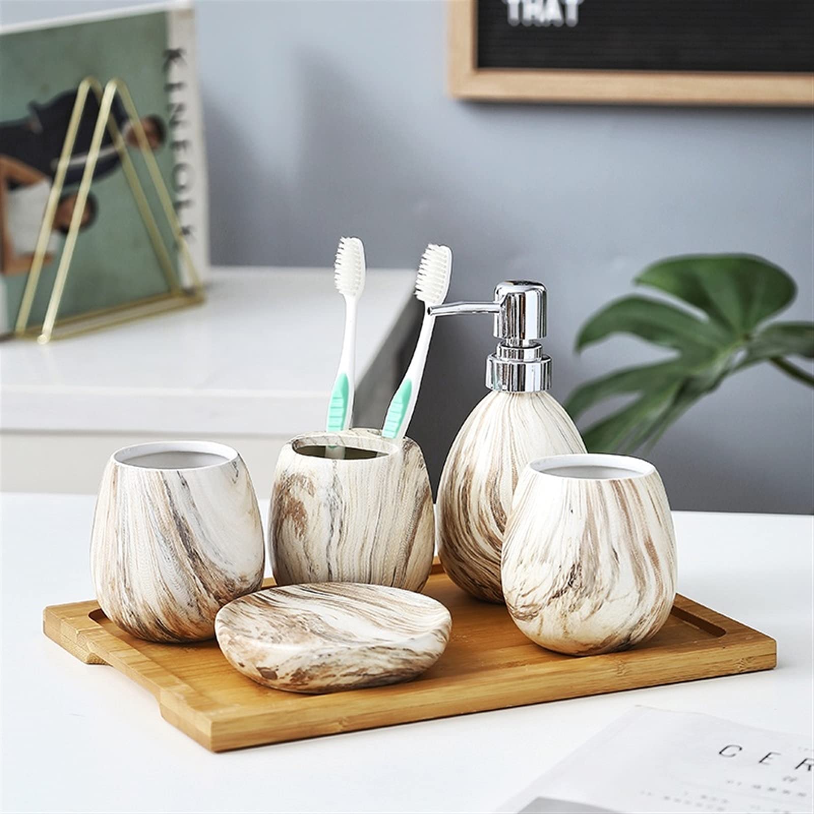 SUNESA Soap Dispenser Marble Pattern 6-Piece Soap Dispenser Set, Modern Kitchen and Bathroom Accessories, for Bathroom Kitchen Home, with Tray Bathroom Soap Dispenser (Color : 1)