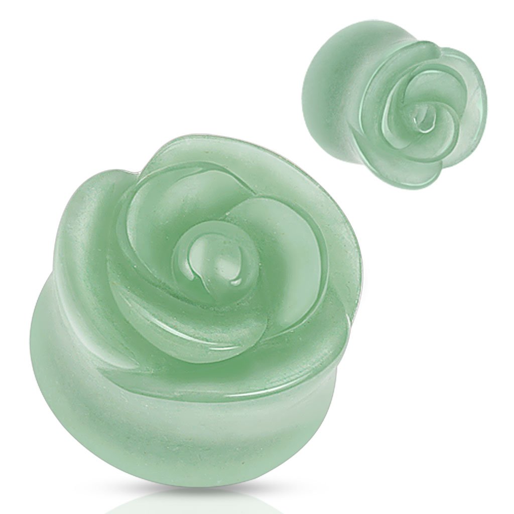 Pierced Owl Green Aventurine Stone Carved Rose Double Flared Plugs, Sold as a Pair (12mm (1/2"))
