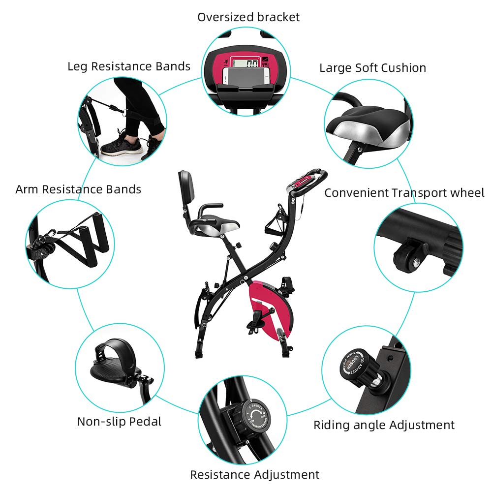 PEXMOR 3 in 1 Adjustable Folding Exercise Bike Convertible Magnetic Upright Recumbent Bike with Arm Bands and Leg Bands (Red)