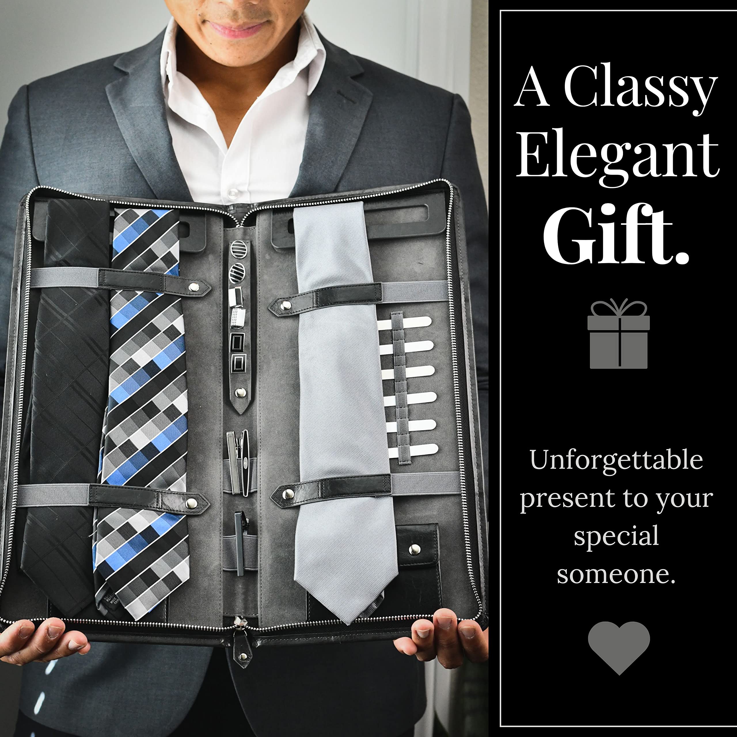 Tie Case Travel Organizer for Men - with Bonus Cufflinks Storage, Collar Stays Slots, Pocket for Small Jewelry - Graphite Black Motif