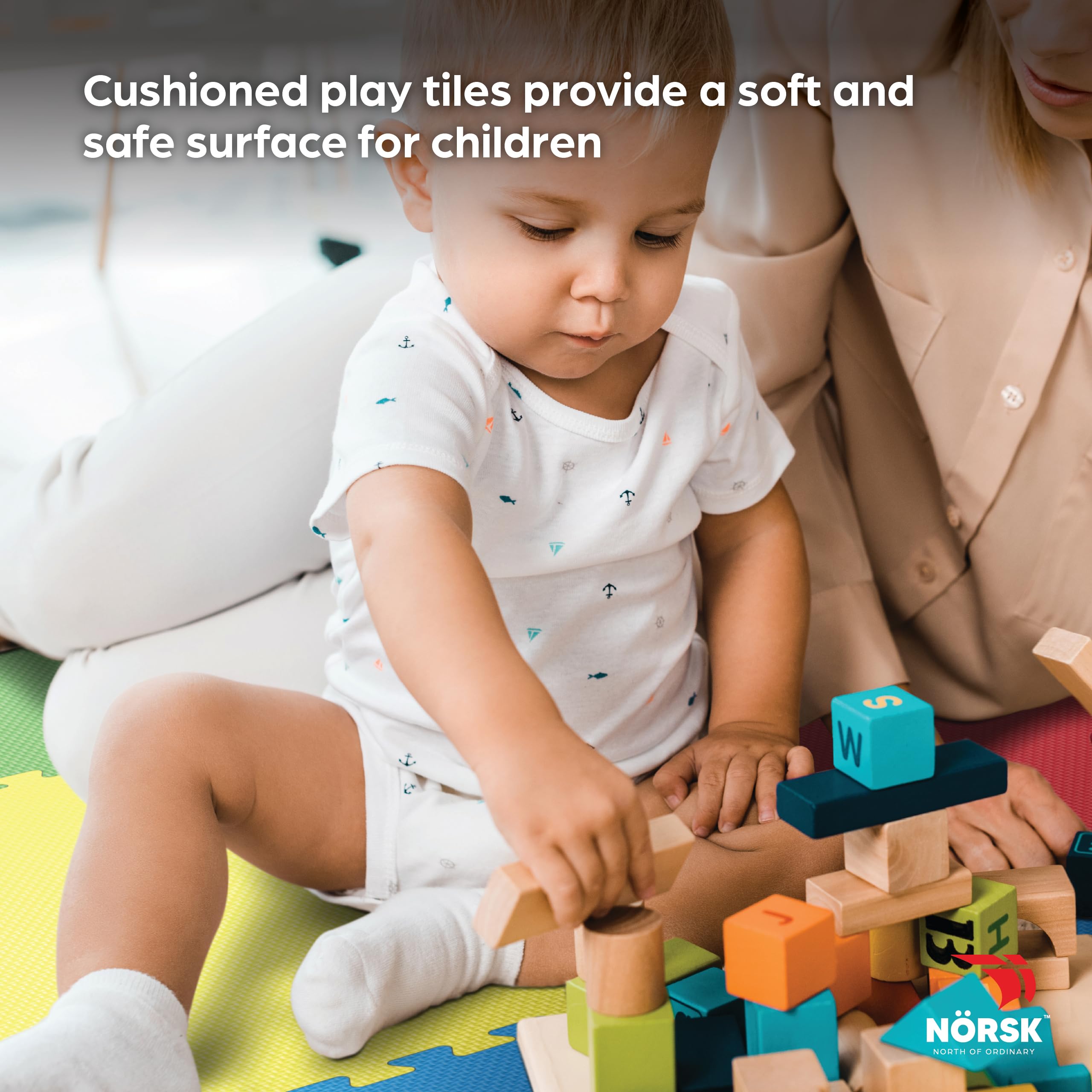 NÖRSK Kid's Floor Play Mat, Reversible Interlocking Foam Puzzle Tiles and Borders, 4-Pack, 16 Square Feet, Multi-Color