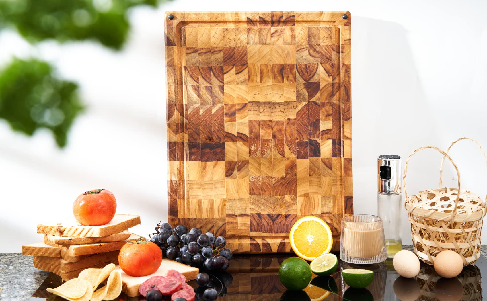 TUSO Butcher Block Cutting Board [17 x 13 x 1.5 inches ] End Grain Teak Wood Cutting Board - Reversible Multipurpose with Non-Slip Feet, Juice Groover, Sorting Compartments and Built-in Handles