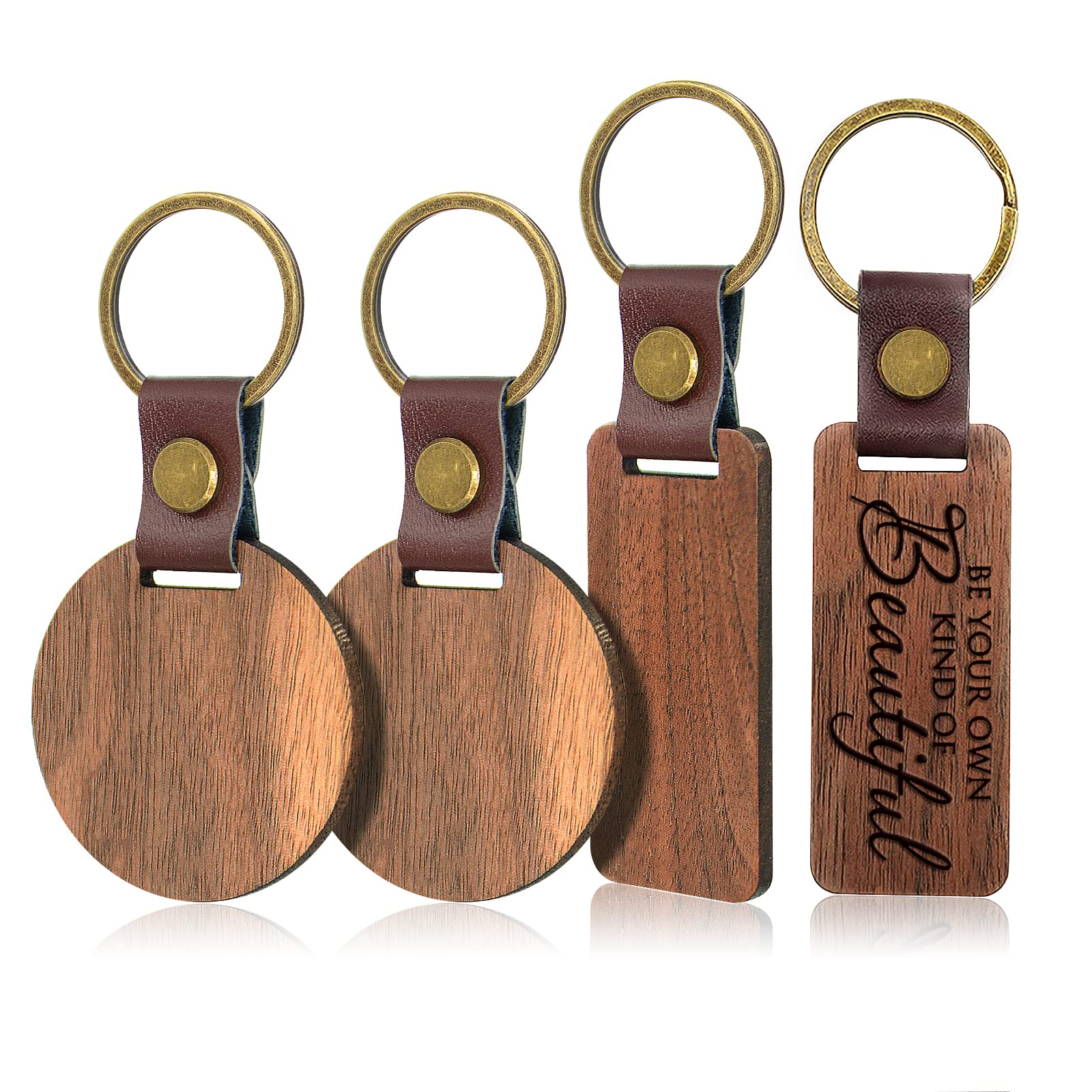 Wood Keychain Blanks - Wooden Keychain, Laser Engraved Keyring, Birthday Gift, Real Leather Keychain Strap, Best Gifts Ever, Customizable, Engravable, Name Initials