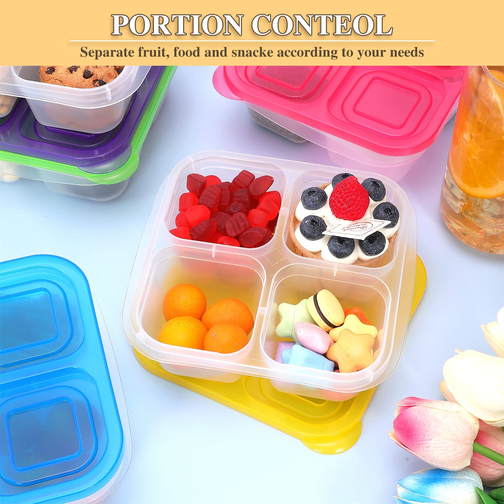 Zebbtne 5Pack Bento Snack Boxes,4 Compartment Snack Containers,Reusable Divided Meal Prep Container for Adults,Bento Snack Food Containers with Lids for Work Travel Picnic,5 Classic Colors