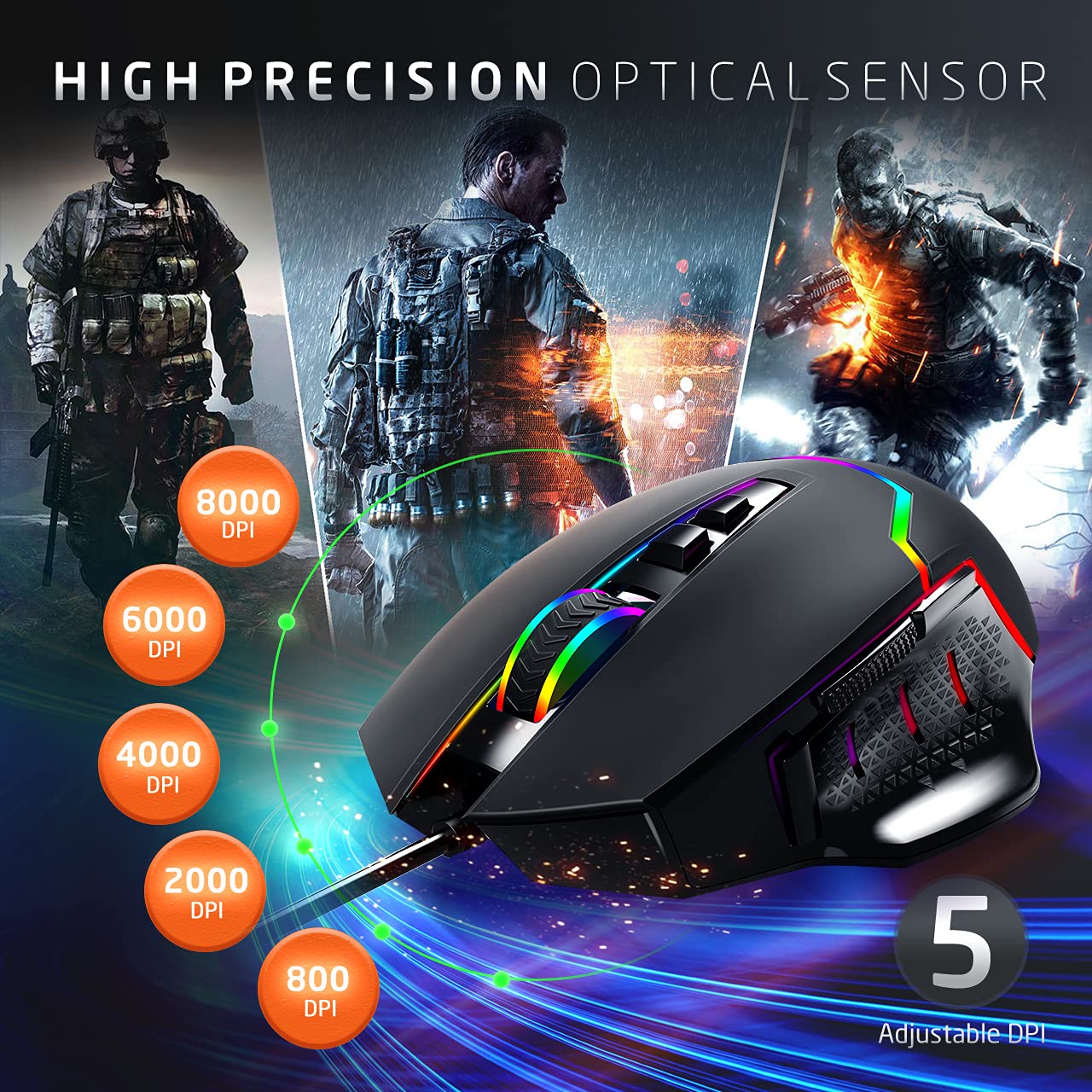 RGB Gaming Mouse Wired, 8000 DPI - 1000Hz Polling Rate - 8 Programmable Buttons - Mechanical Switches - Fire Button - 5 Adjustable DPI, Ergonomic USB Computer Gaming Mouse for Laptop PC Mac Work