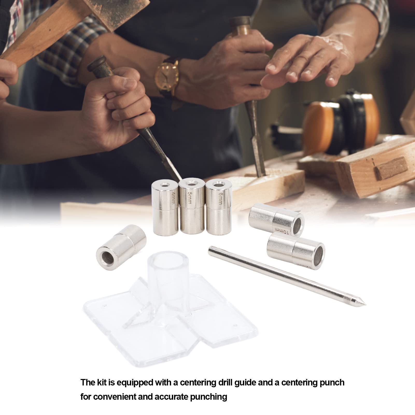 Orenic 8 Pcs Self Centering Dowel Jig Kit, 6 Size Inner Diameter Alloy Steel Drill Bushing Drill Bit Guide Centering Punch Set, Drill Guide Bushings Set, Wood Dowel Jig Woodworking Joints Tools
