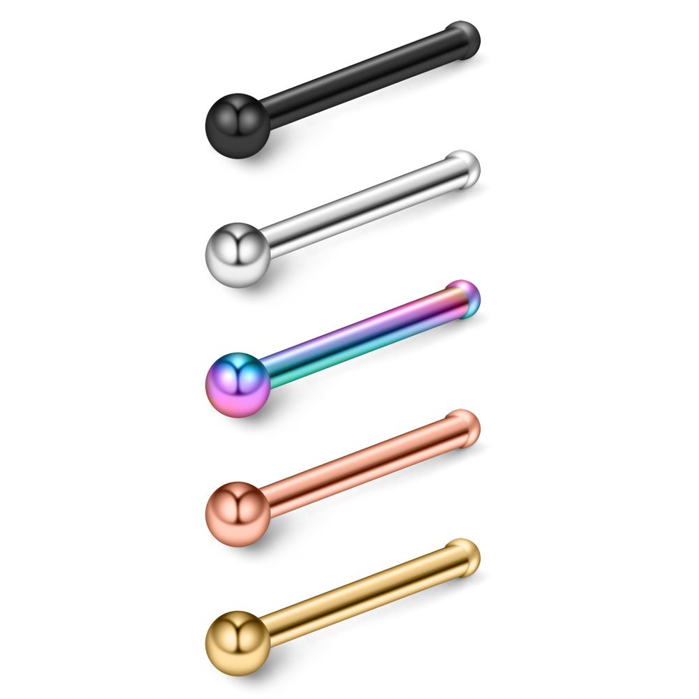 Ruifan 5PCS 22G Mix Color 316L Surgical Steel Nose Bone Studs Rings Pin Piercing Jewelry with 1.5mm Ball
